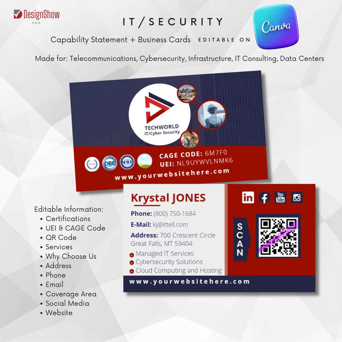 Editable It/cyber Capability Statement & Business Cards With Writing ...