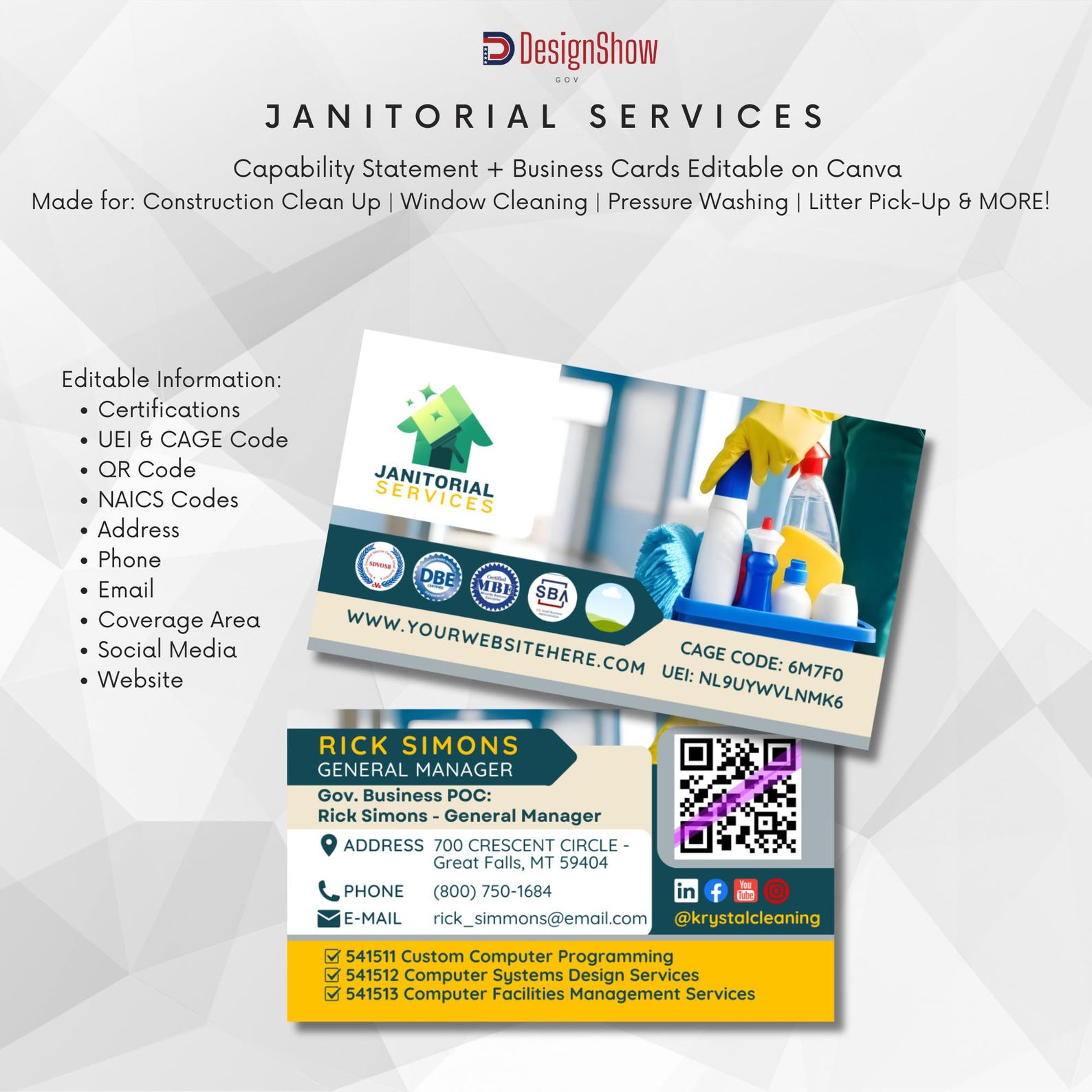 Janitorial Services Capability Statement & Business Card - Editable Ver ...