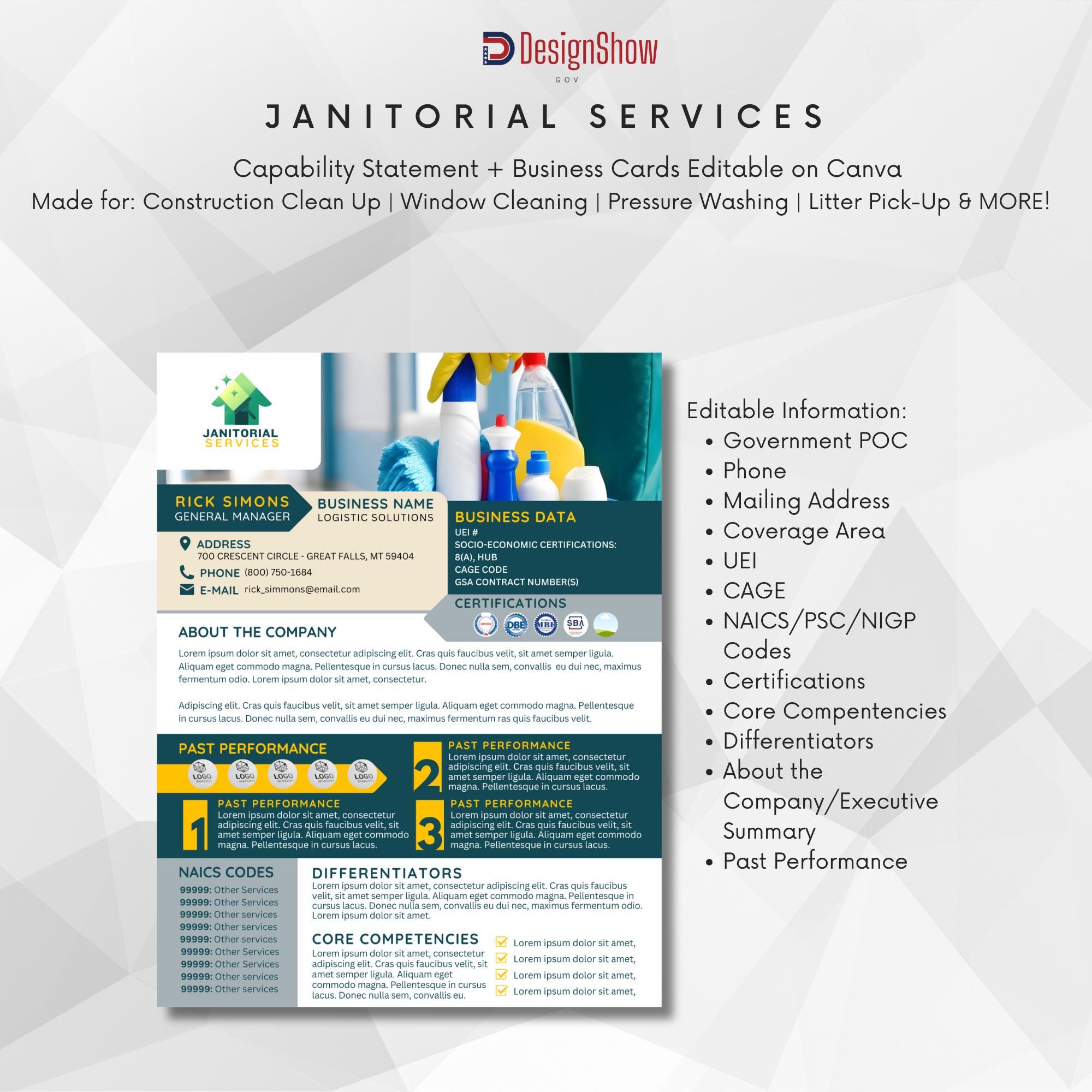 Janitorial Services Capability Statement & Business Card - Editable Ver ...