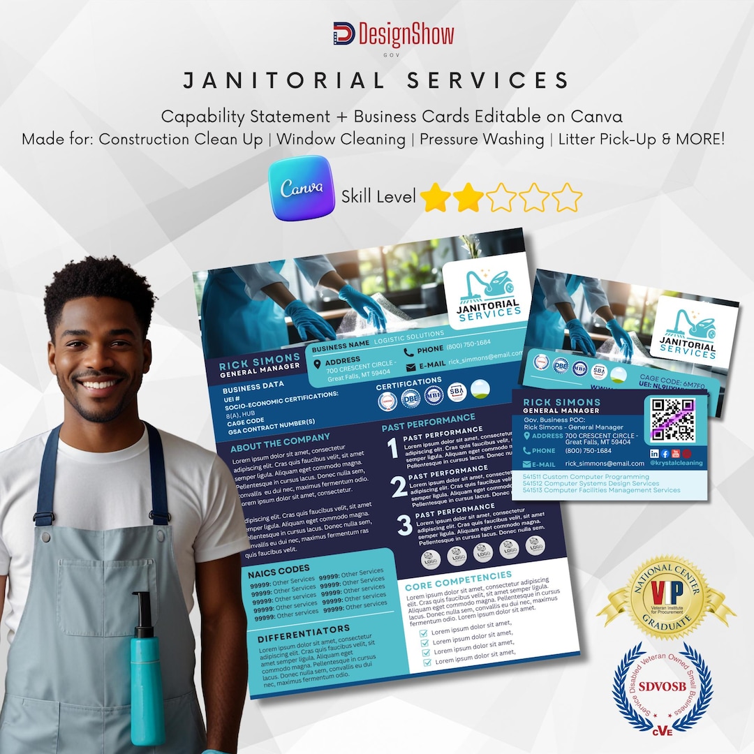 Janitorial Services Capability Statement & Business Card - Editable Ver ...