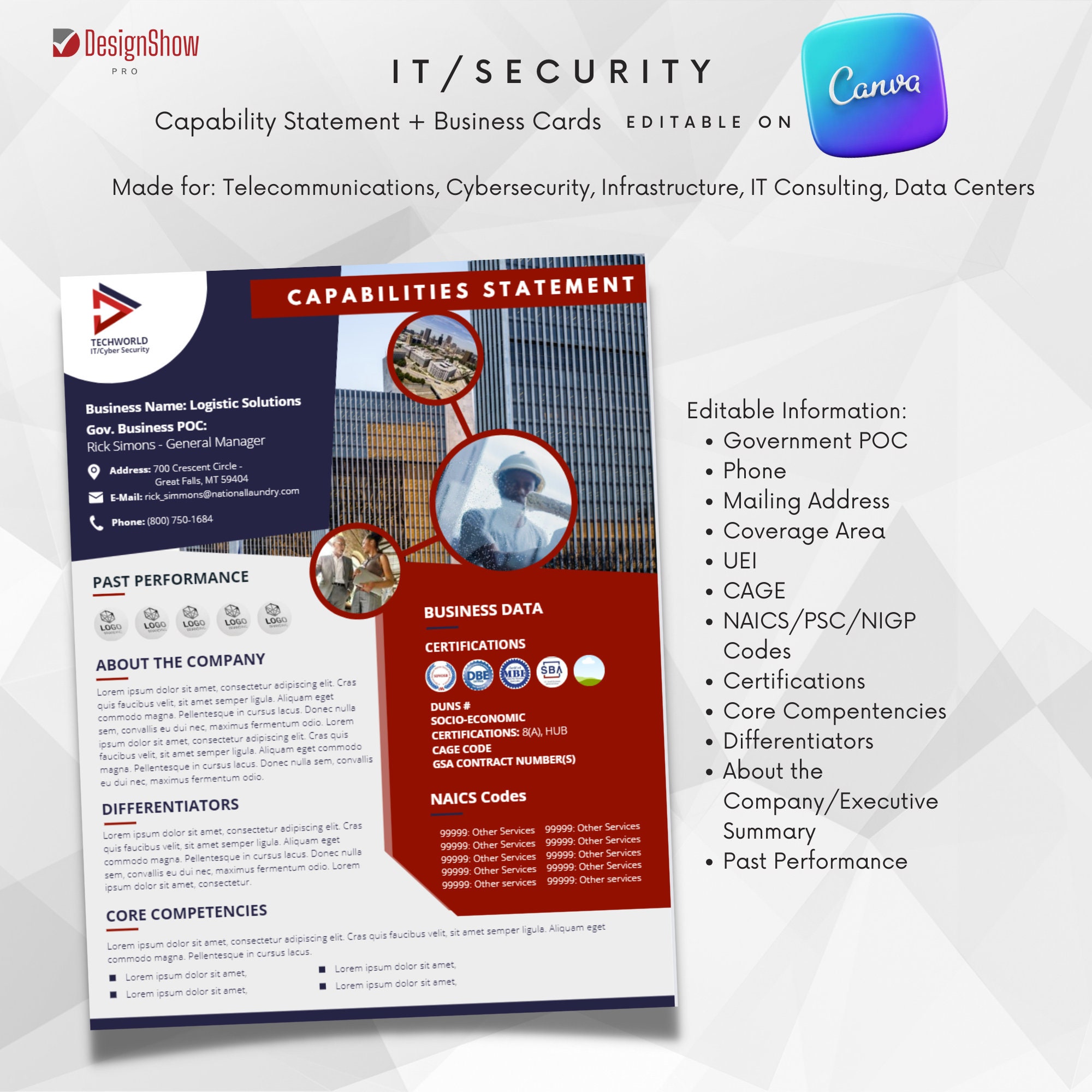 Editable It/cyber Capability Statement & Business Cards With Writing ...