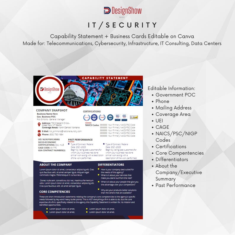 Editable It/cyber Capability Statement & Business Cards With Writing ...