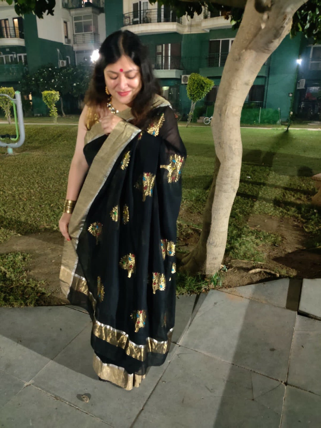 Black Chanderi Saree, Gold Saree, Handloom Saree, Black Gold Chanderi ...
