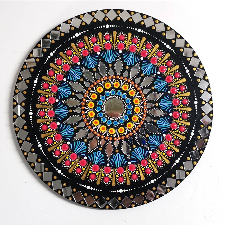 8" Round Dot Mandala Painting With Mirror Work – Hand-painted Acrylic ...