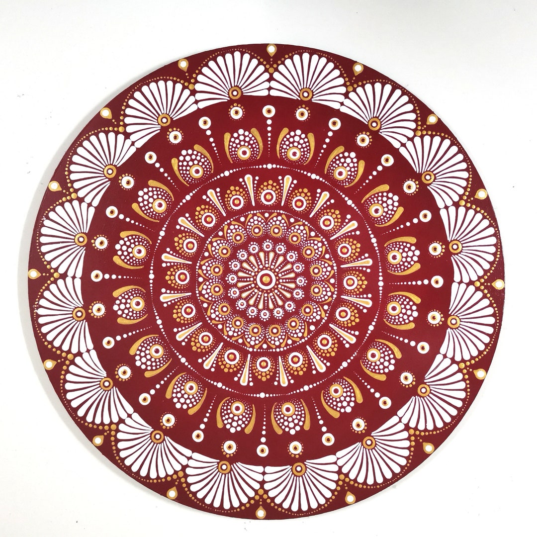 12" Round Red and White Dot Mandala Painting – Hand-painted Acrylic Art ...