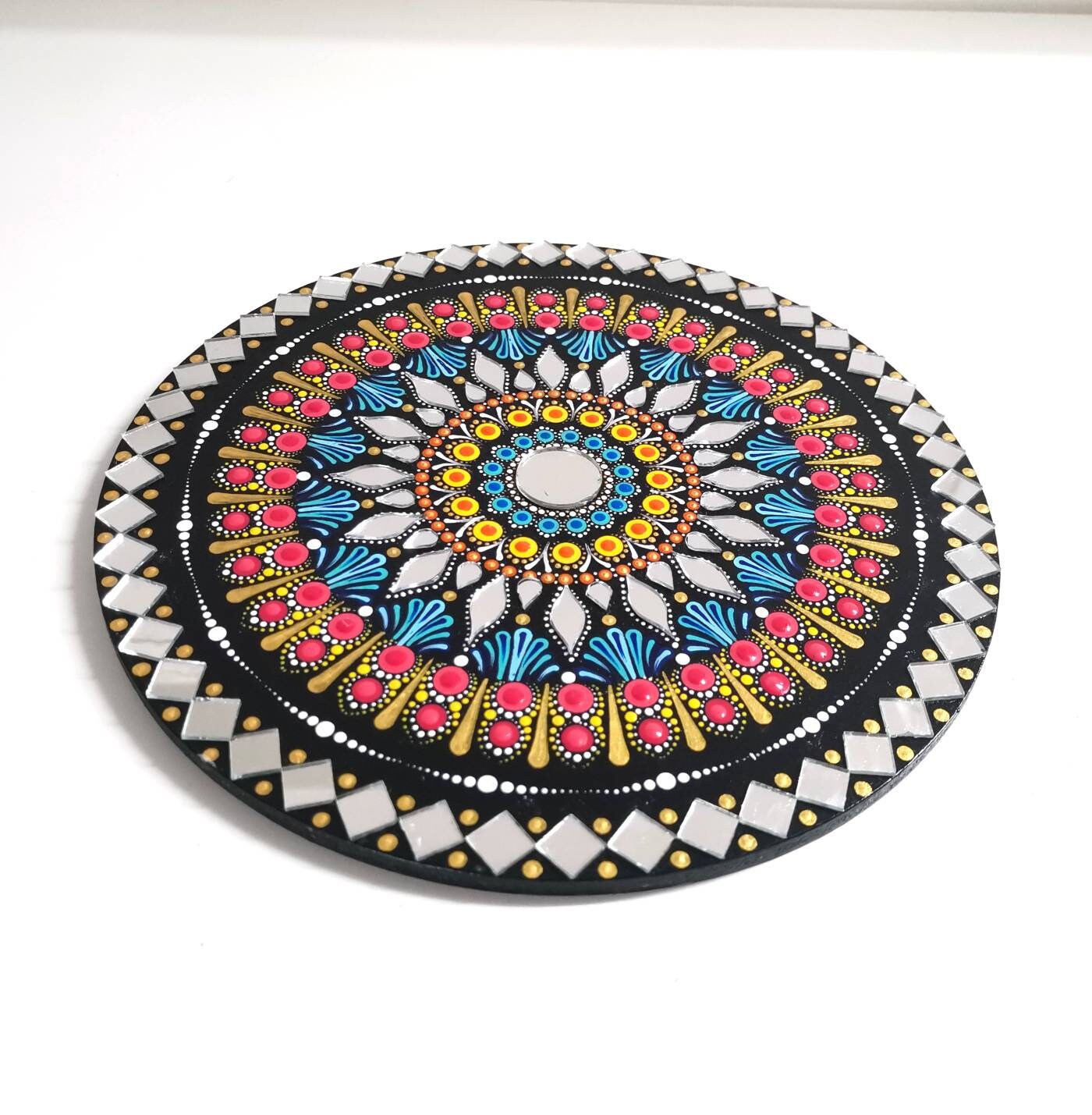 8" Round Dot Mandala Painting With Mirror Work – Hand-painted Acrylic ...