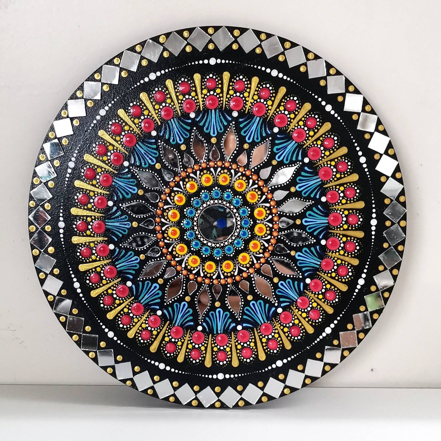 8" Round Dot Mandala Painting With Mirror Work – Hand-painted Acrylic ...