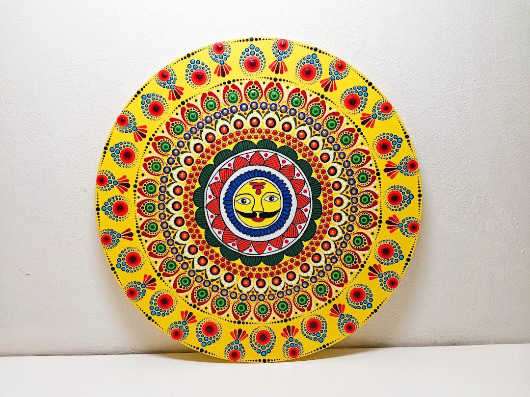 10" Madhubani Dot Mandala | Indian Folk & Dot Art Fusion | Yellow Round ...