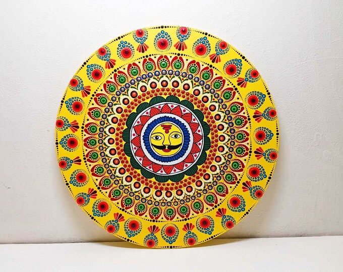 10" Madhubani Dot Mandala | Indian Folk & Dot Art Fusion | Yellow Round ...
