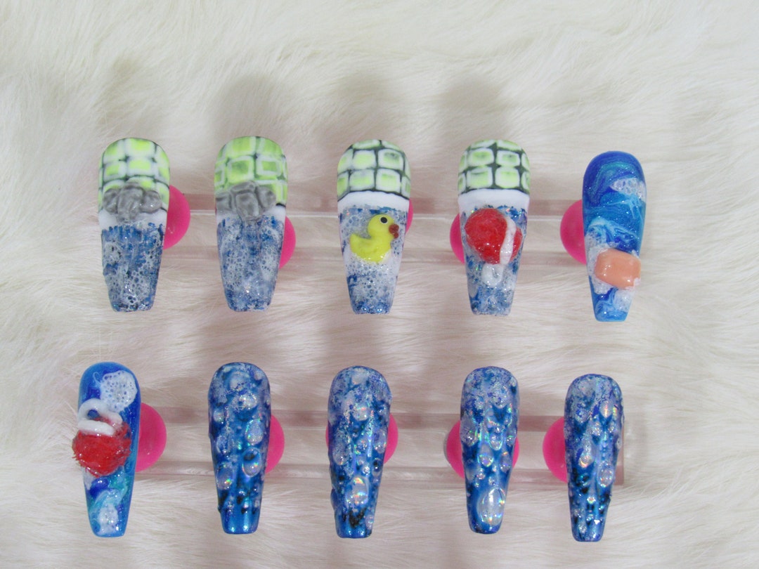 3D Acrylic Press on Nails Rubber Ducky Tub Time Fun, Coffin Nails, Full ...