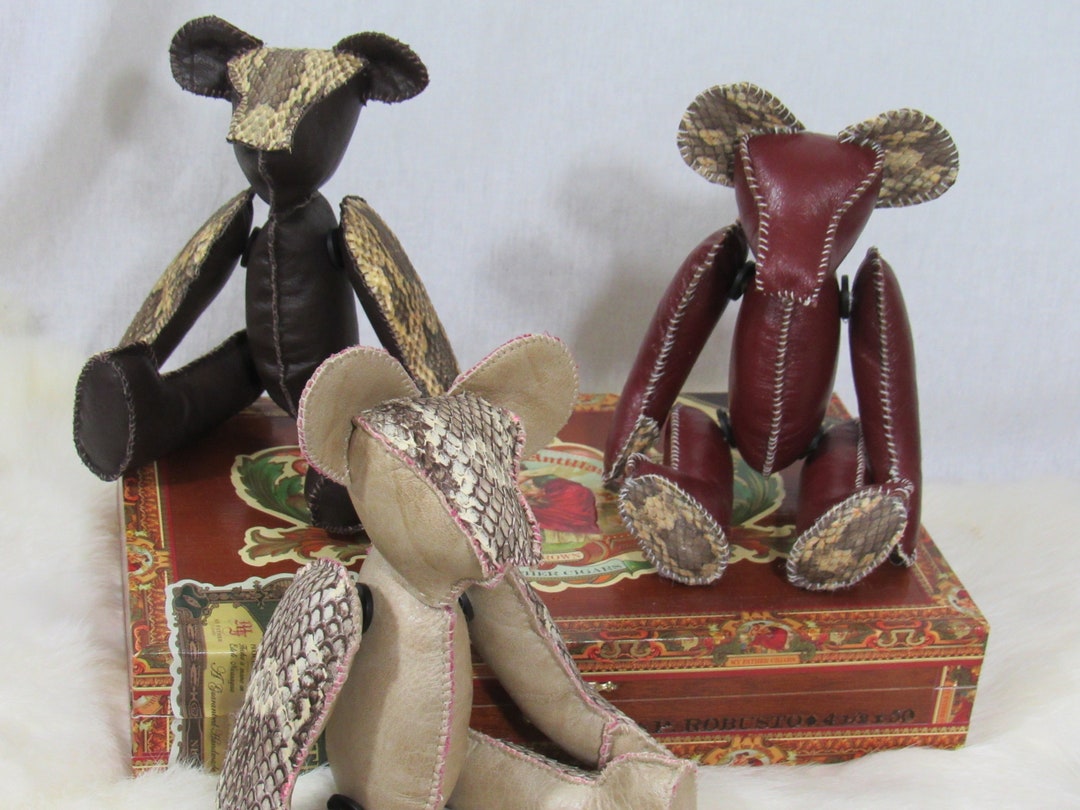 Artisan Teddy Bear Trio Genuine Snake Skin Leather Primitive Hand ...