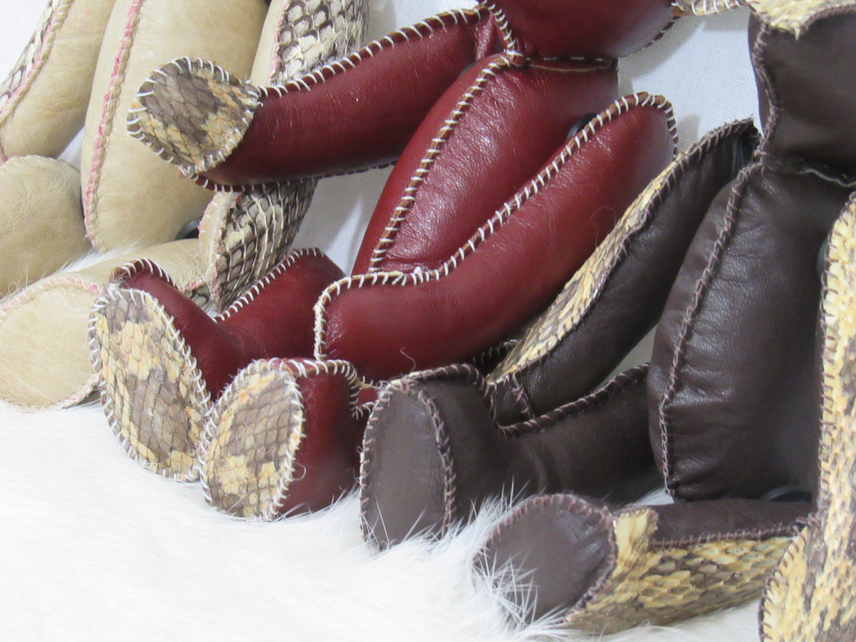 Artisan Teddy Bear Trio Genuine Snake Skin Leather Primitive Hand ...