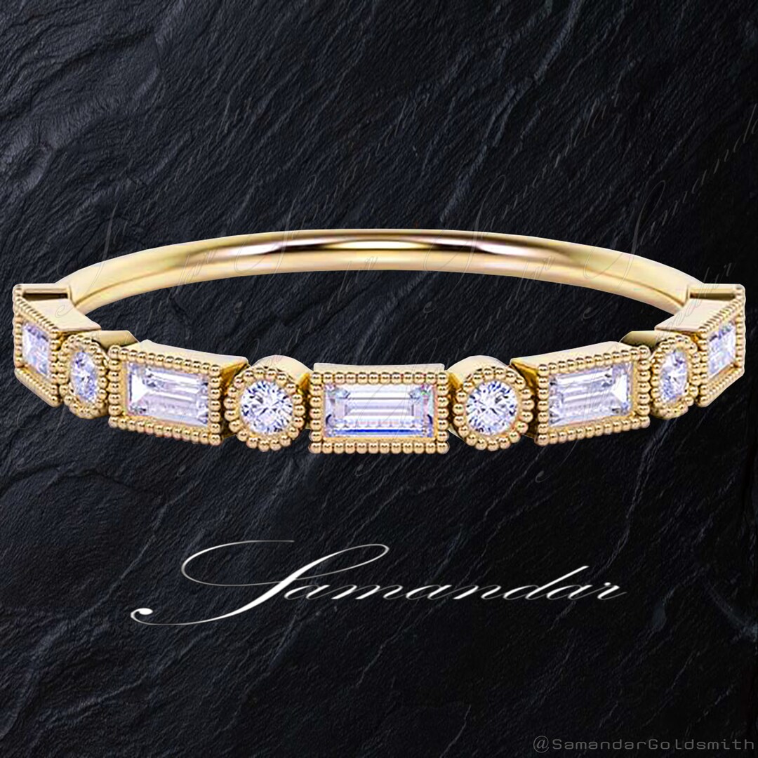18K Real Gold Milgrain Set Diamond Stacking Wedding Ring / Dainty Ring ...