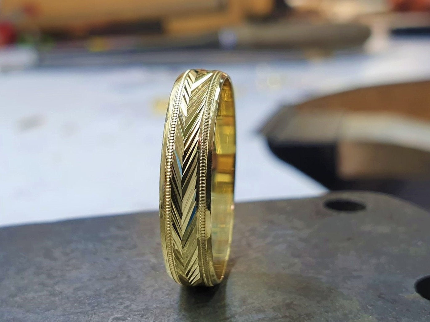 Yellow and White Pattern Gold Wedding Band - Etsy