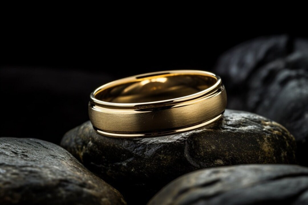 14K Solid Gold Dome Shaped Wedding Band, Satin Brushed Finish & Shiny ...