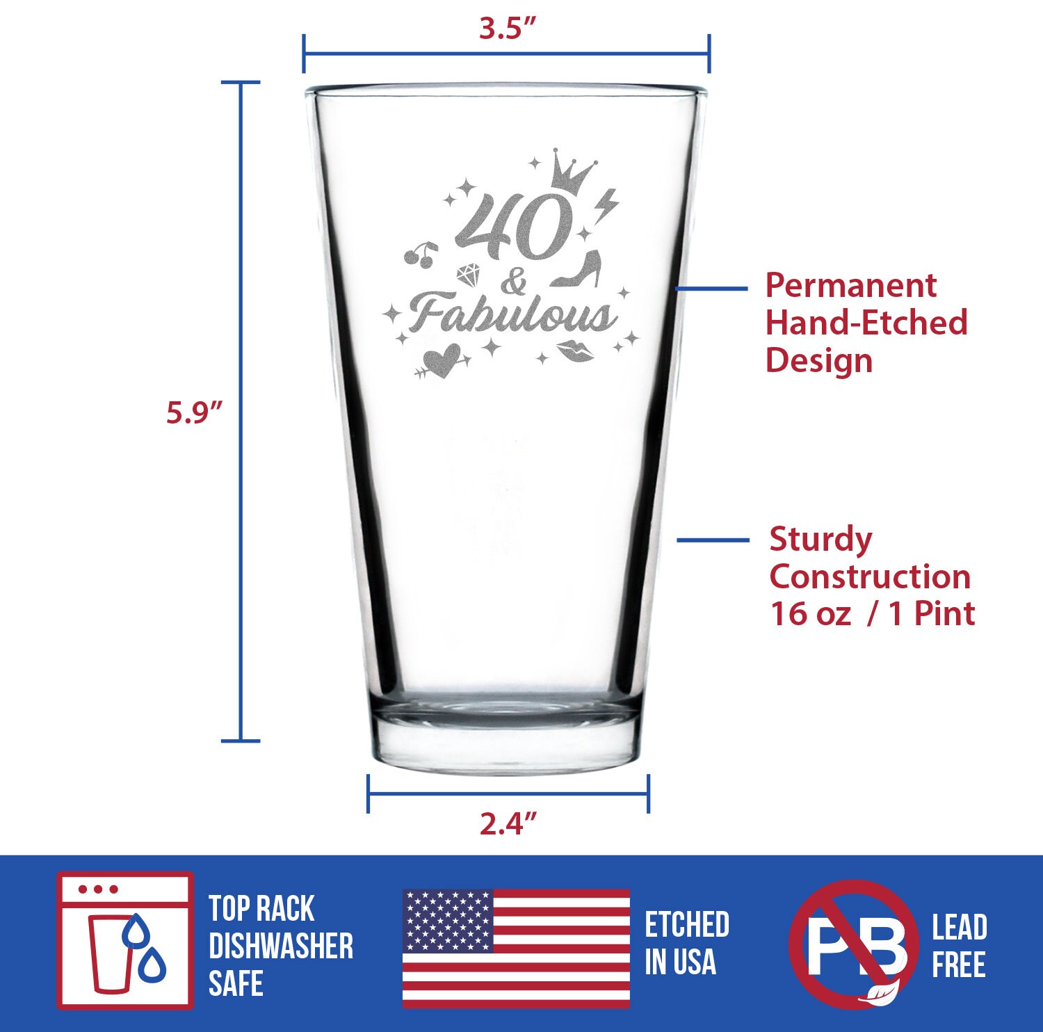 40 and Fabulous - Pint Glass for Beer - Funny 40th Birthday Gifts for ...