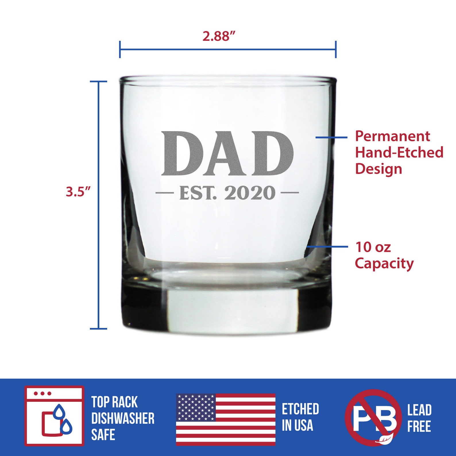 Dad Est. 2020 - Bold - 10 Oz Rocks Glass or Old Fashioned Glass, Etched ...