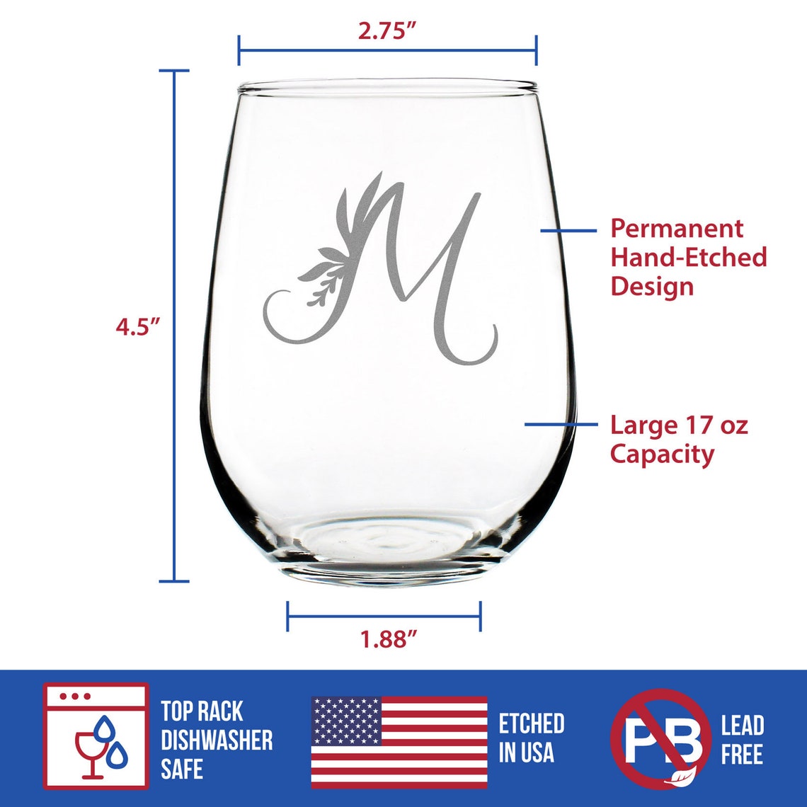Monogram Floral Letter M Stemless Wine Glass Large 17 Ounce | Etsy
