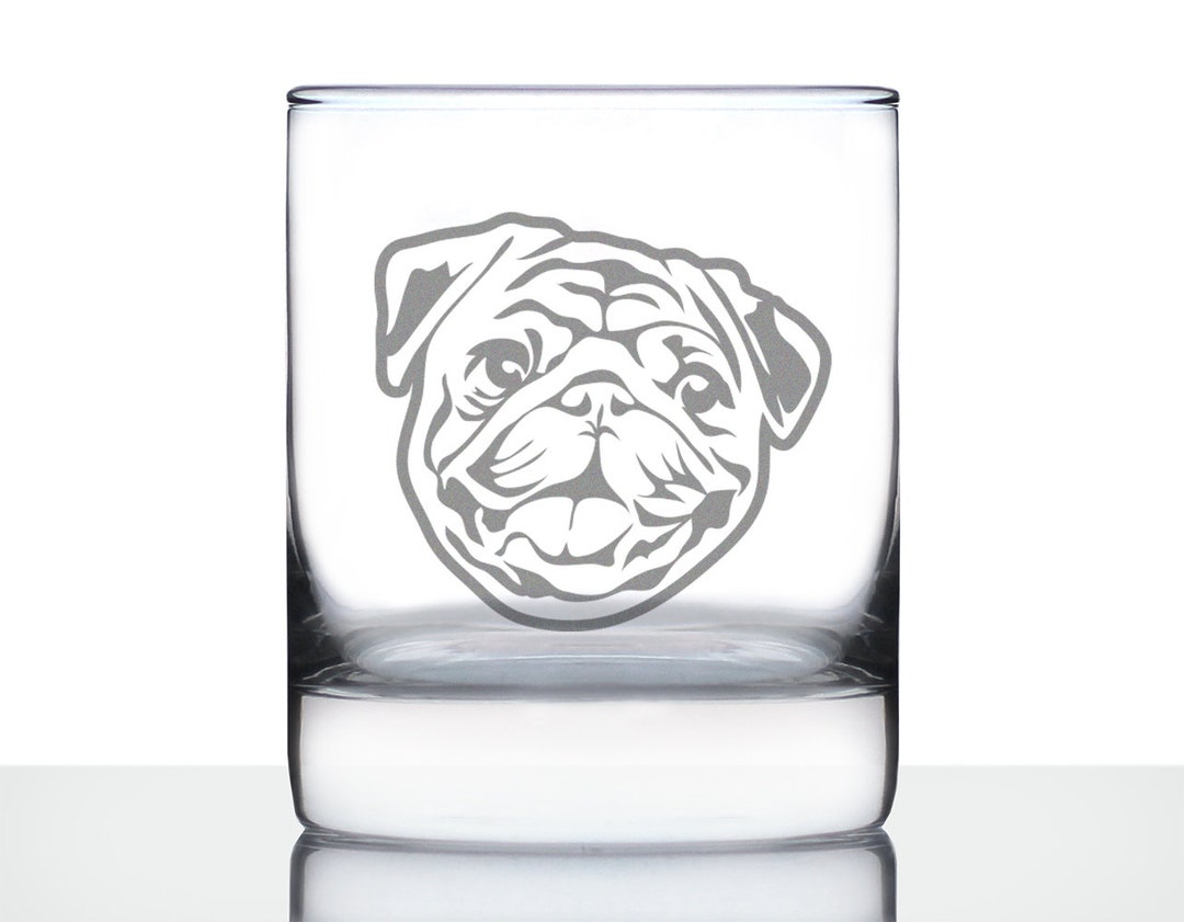 Pug Face - 10 Oz Rocks Glass or Old Fashioned Glass, Etched Glassware ...
