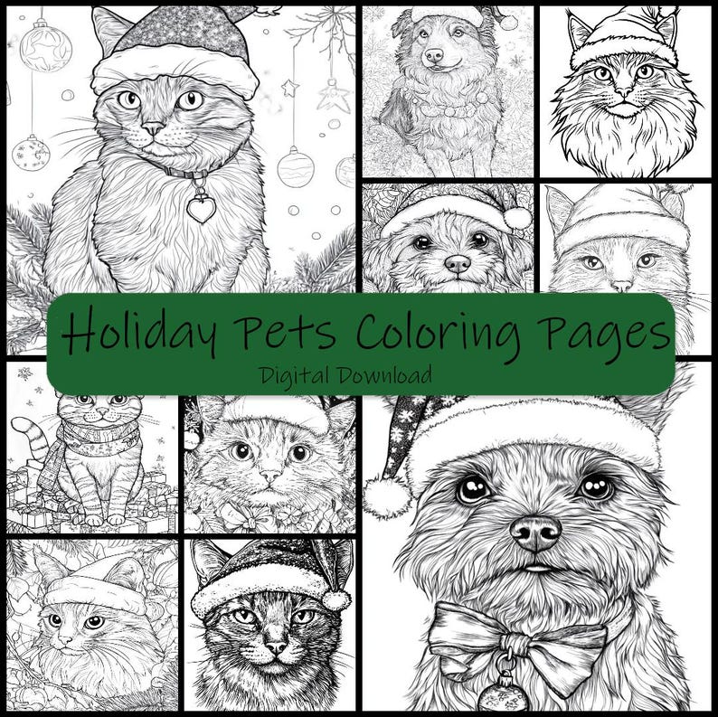 Holiday Pets Coloring Pages Christmas Dogs & Cats Digital Download ...