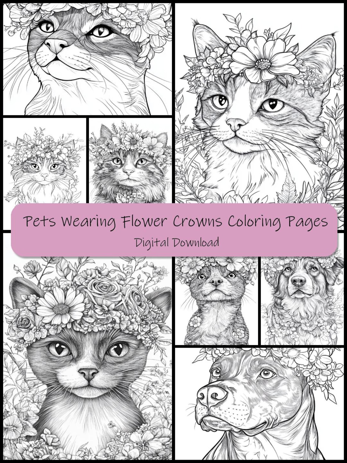 Pets Wearing Flower Crowns Coloring Book Dogs and Cats Digital Download ...