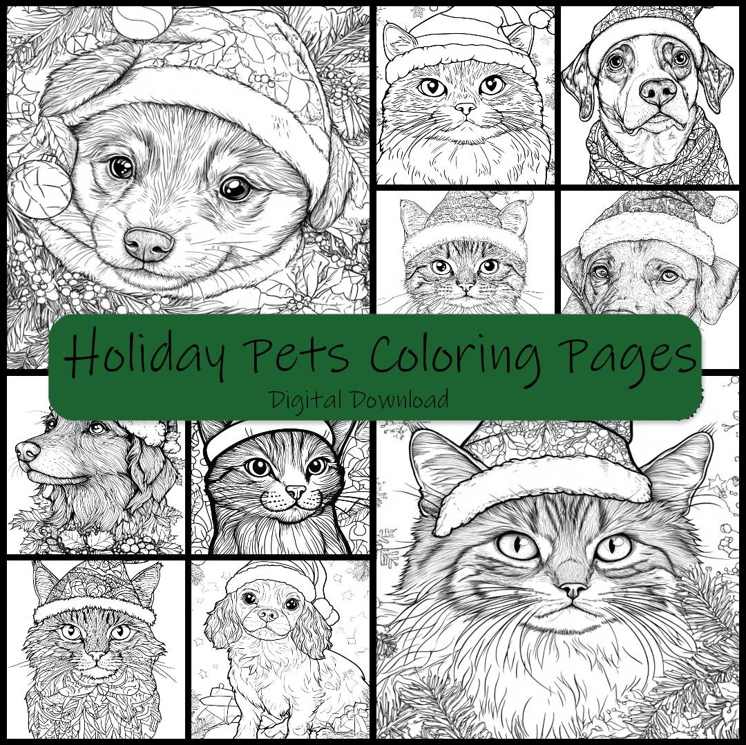 Holiday Pets Coloring Pages Christmas Dogs & Cats Digital Download ...