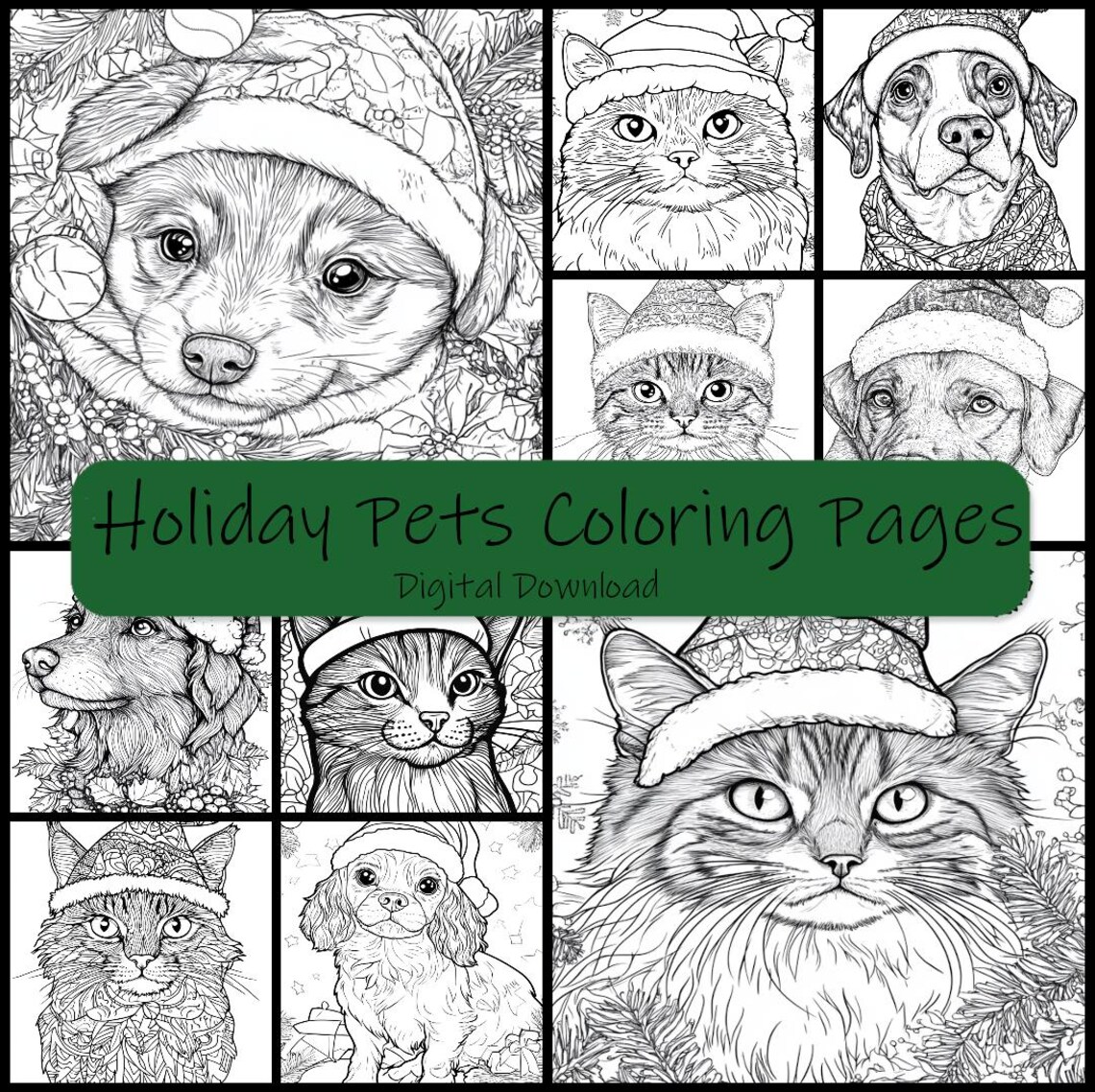 Holiday Pets Coloring Pages Christmas Dogs & Cats Digital Download ...
