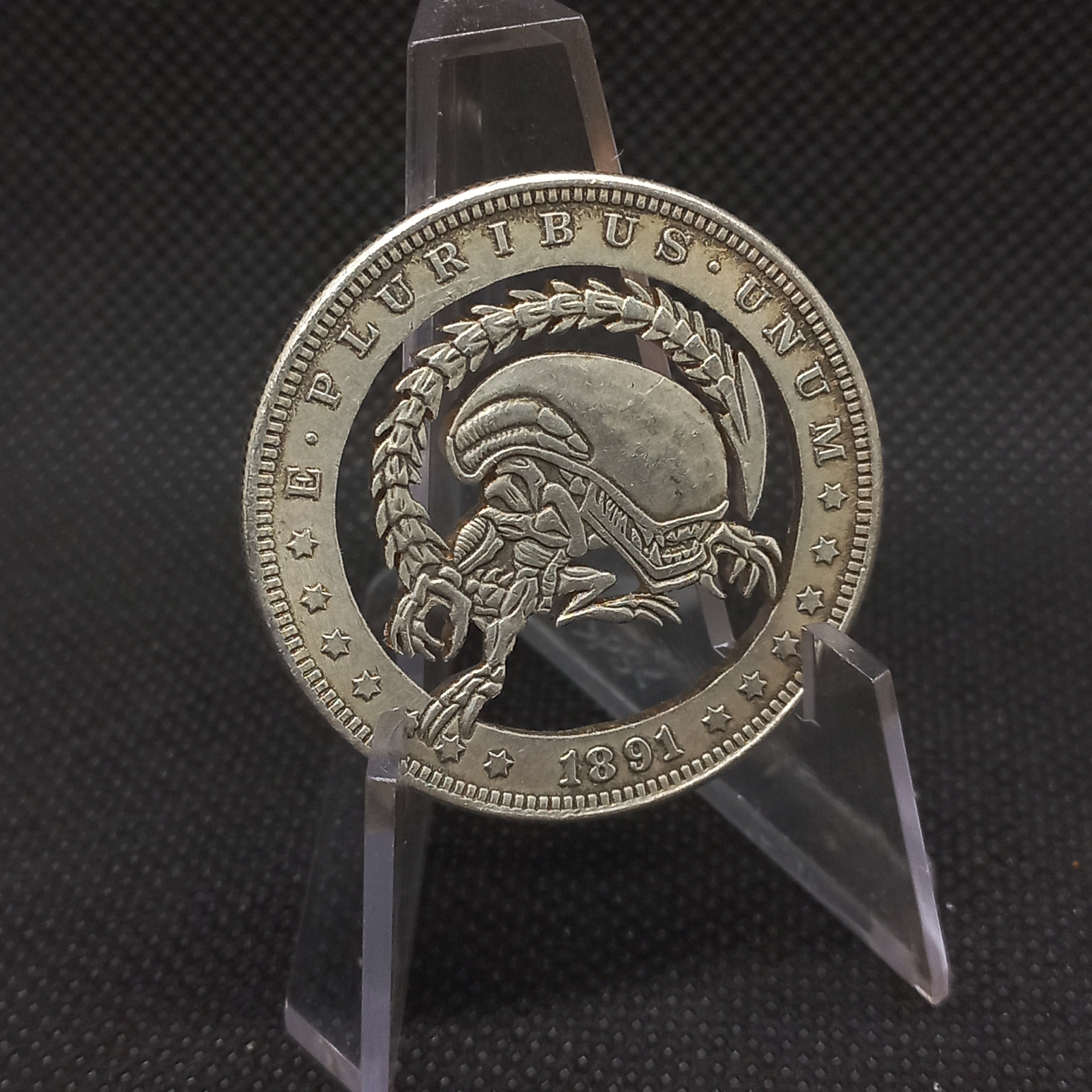 Hand Cut Hobo Coin Alien Hunter Vintage Scary Movie Cosplay Fantasy ...