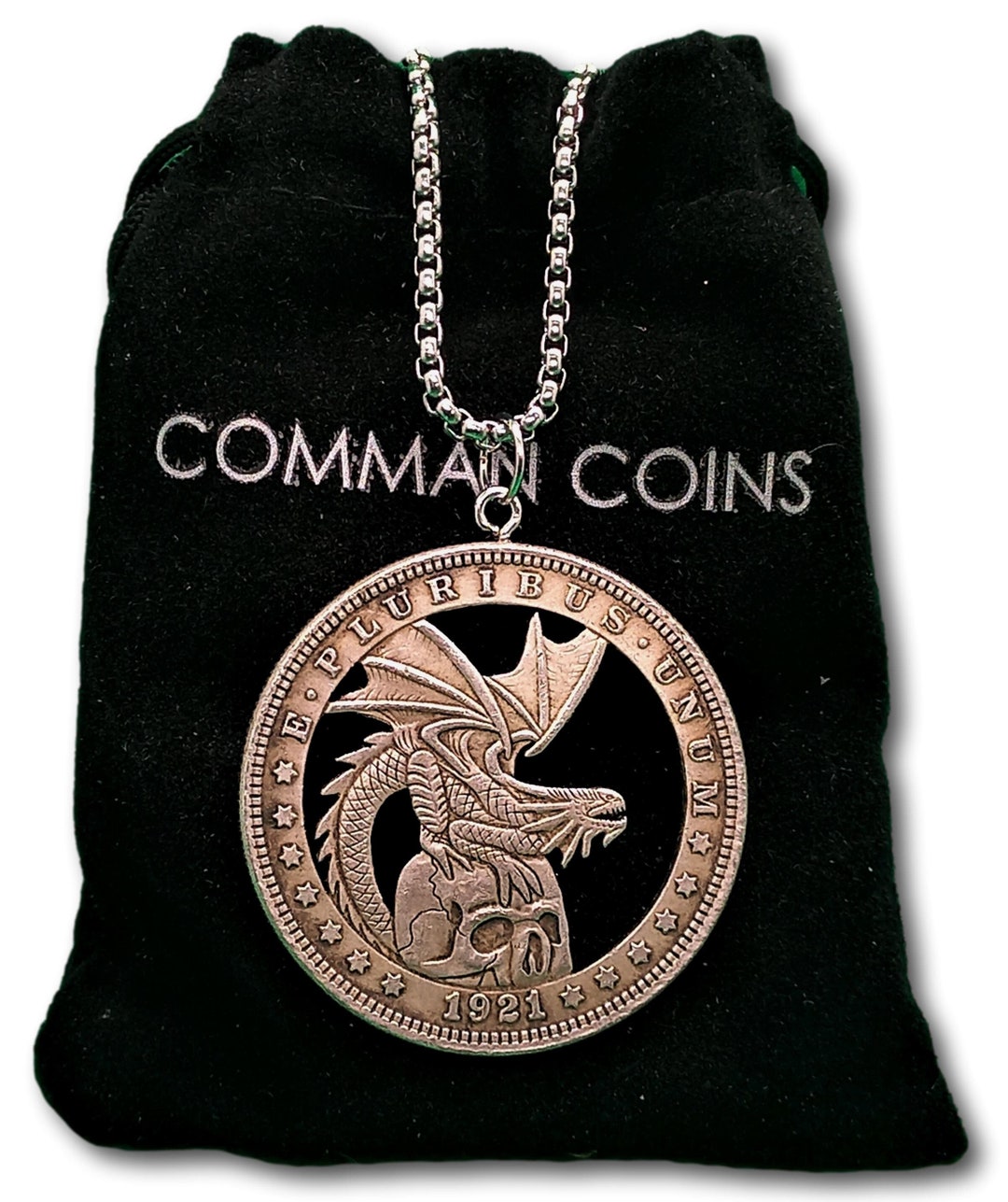 Hand Cut Hobo Coin Necklace Baby Dragon on Skull Goth Witchcraft Voodoo ...