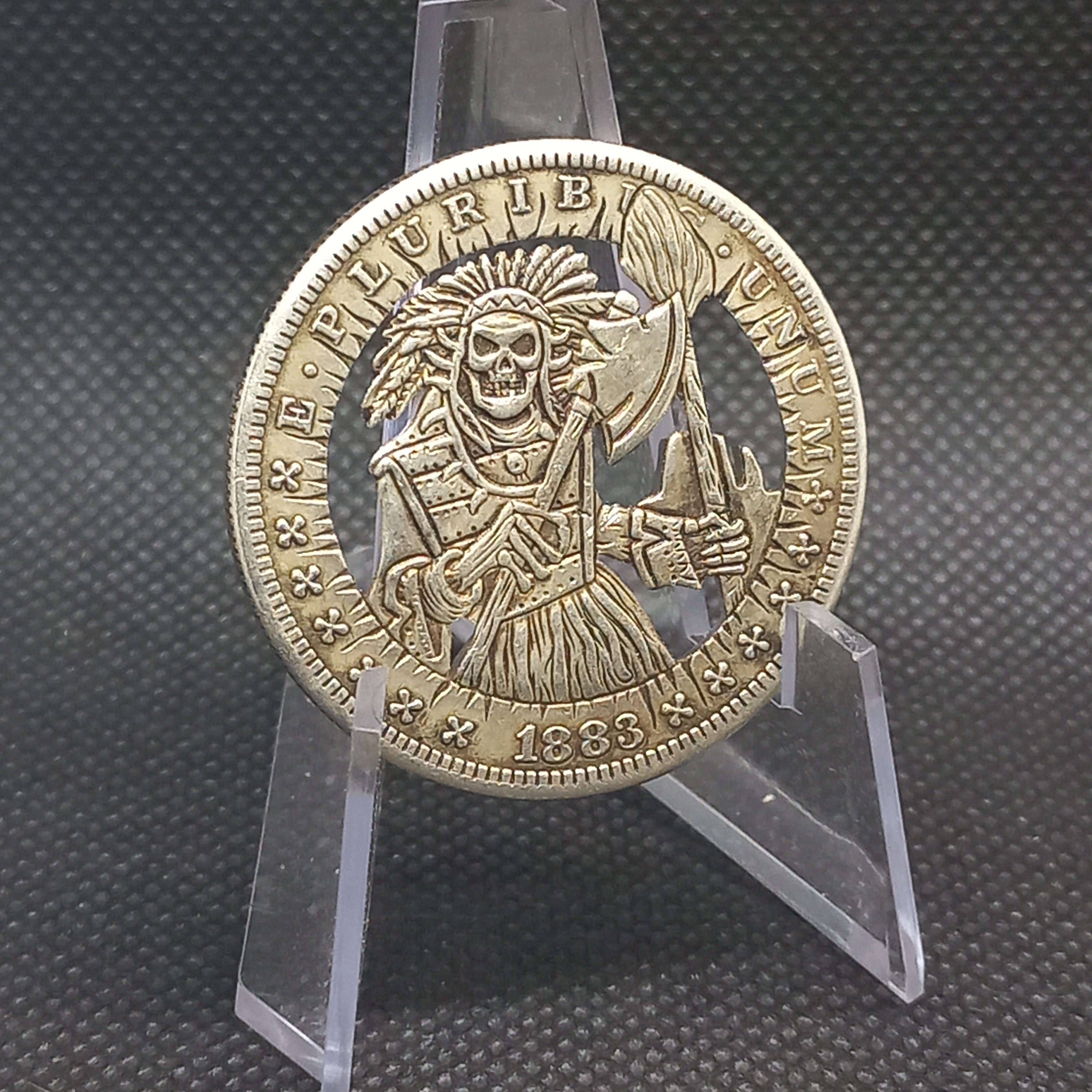 Hand Cut Hobo Coin Skull Indian Brave Warrior Skeleton With Battle Axe ...