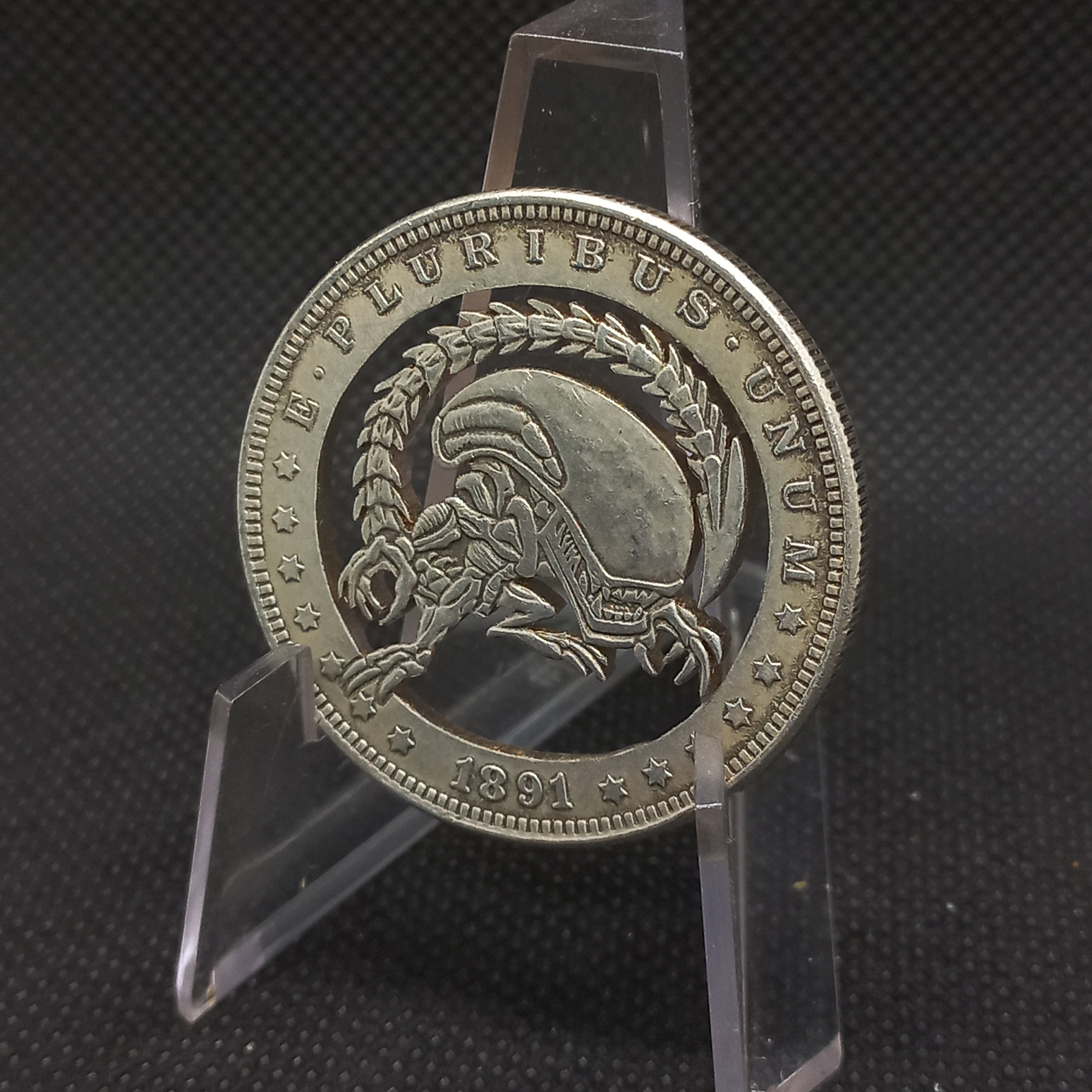 Hand Cut Hobo Coin Alien Hunter Vintage Scary Movie Cosplay Fantasy ...