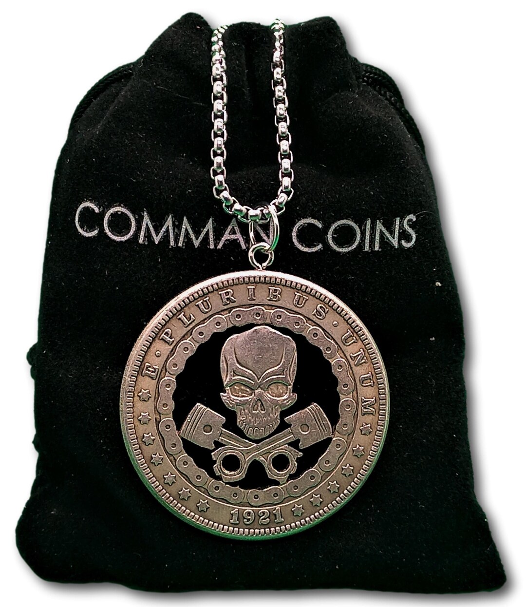 Hand Cut Hobo Coin Necklace Skull Mechanic Motocross Biker MC Pistons ...