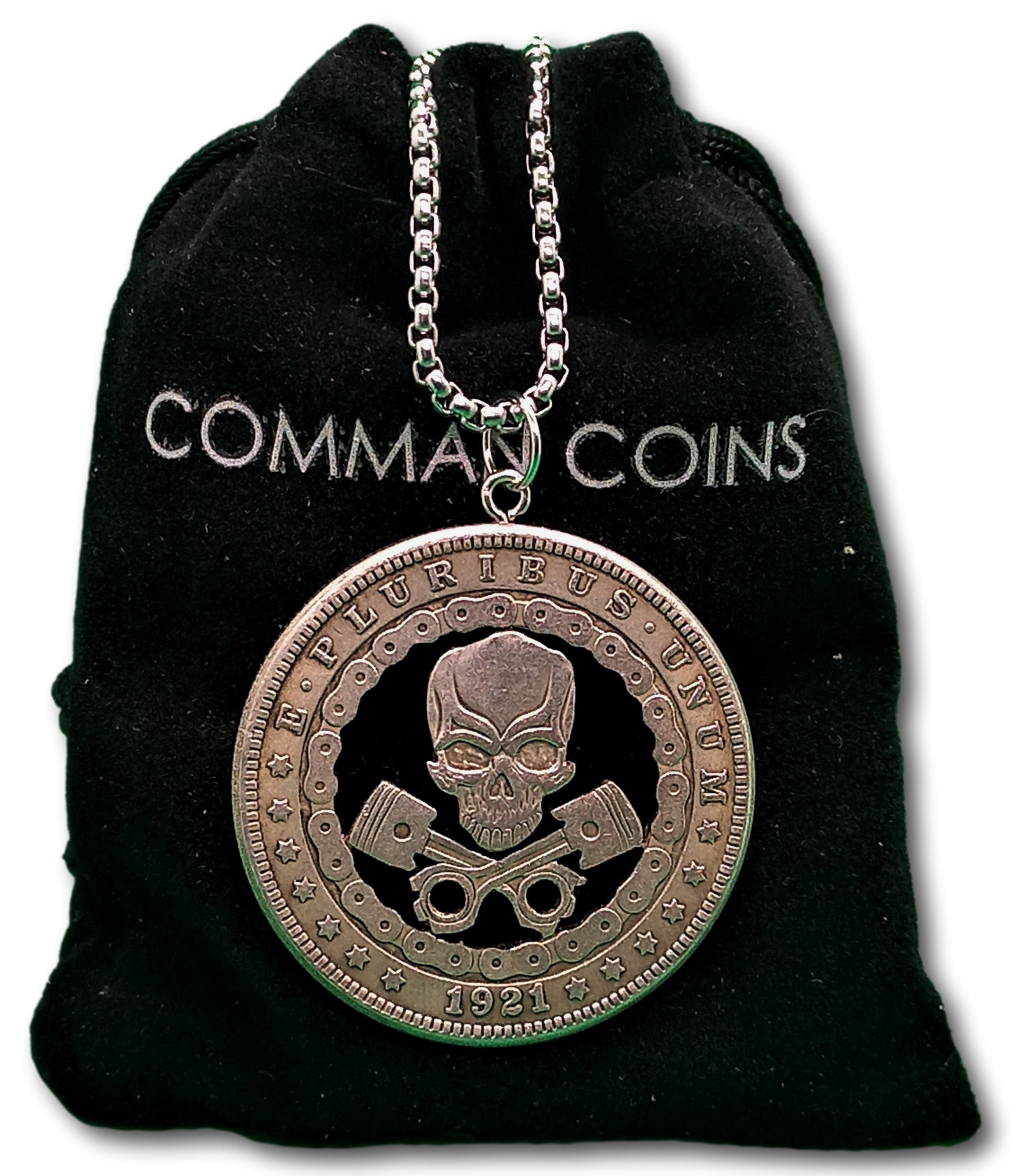 Hand Cut Hobo Coin Necklace Skull Mechanic Motocross Biker MC Pistons ...