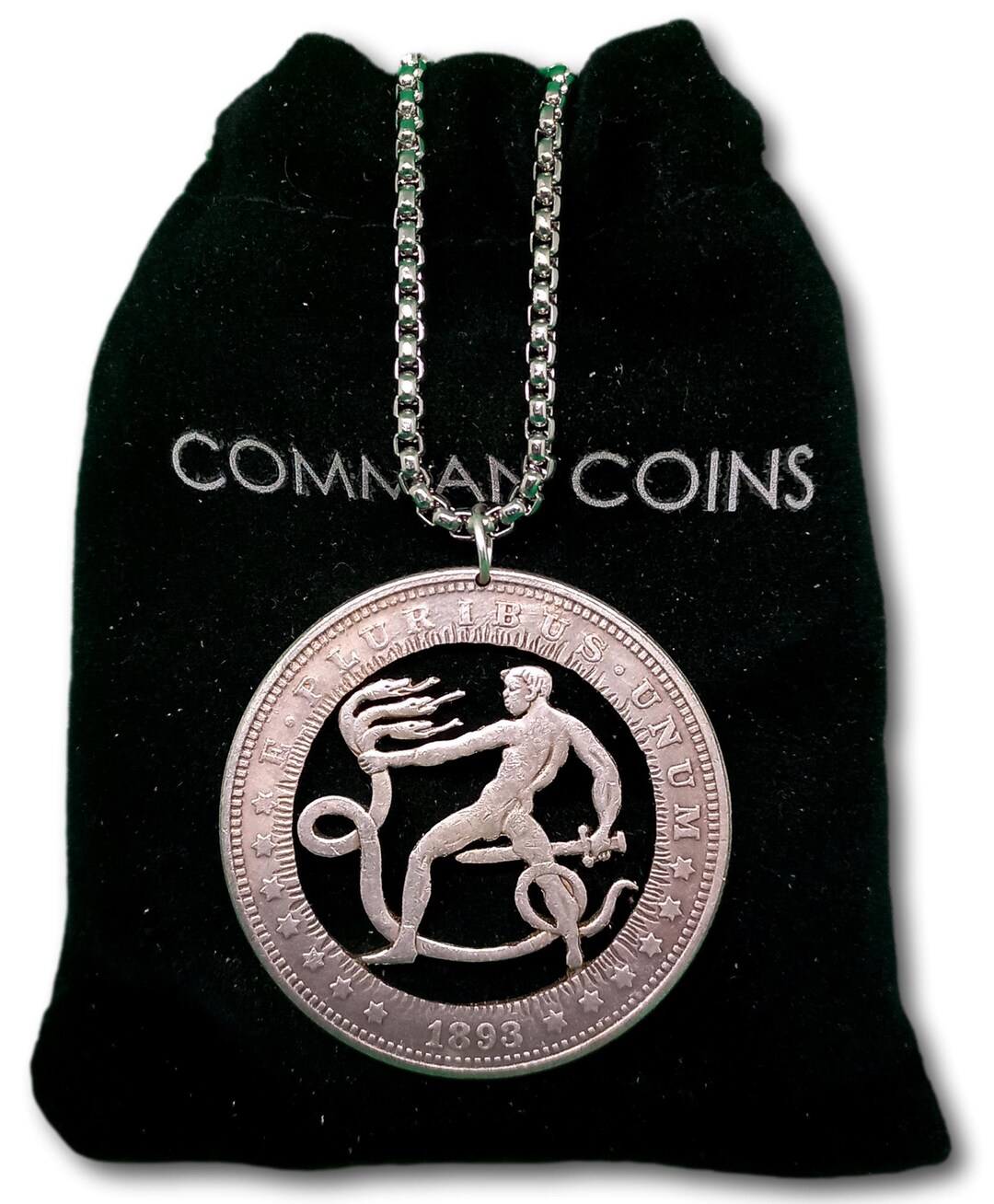 Cut Coin Hobo Coin Necklace Hercules Greek God 3 Headed Snake Mythology ...