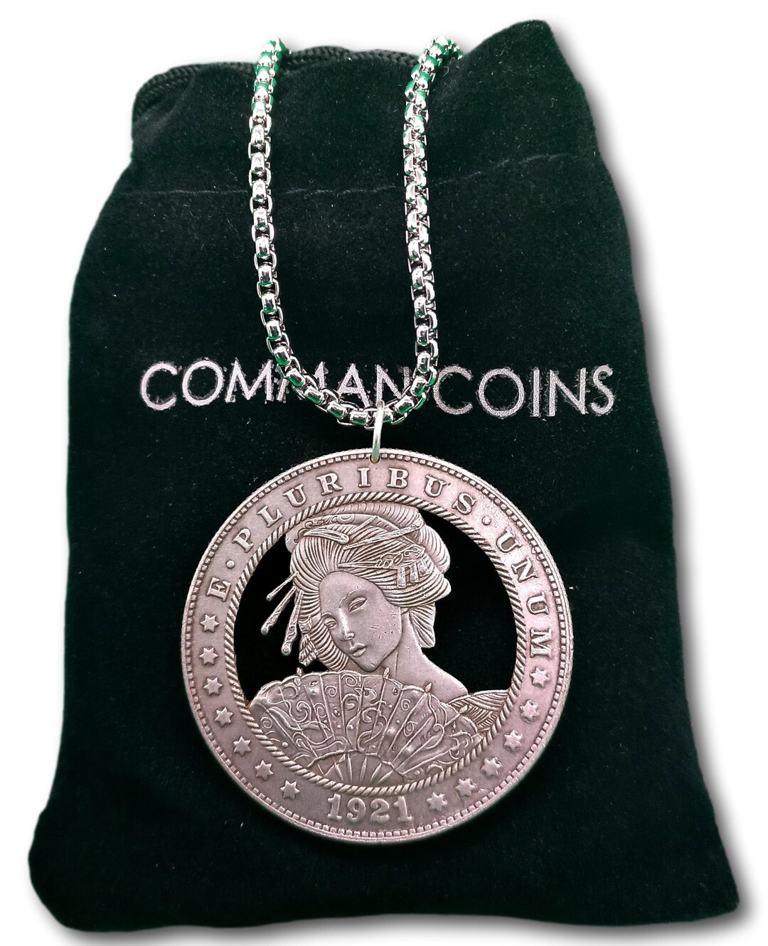 Cut Coin Hobo Coin Necklace Japanese Geisha With Fan Beautiful Woman ...