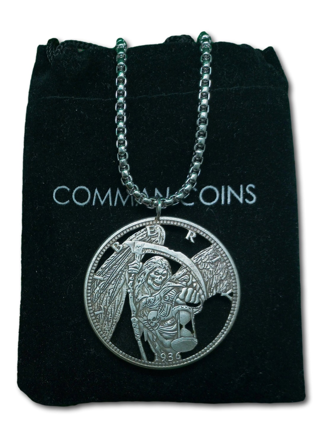 Cut Coin Hobo Coin Necklace Santa Muerte Angel of Death Holding Scythe ...