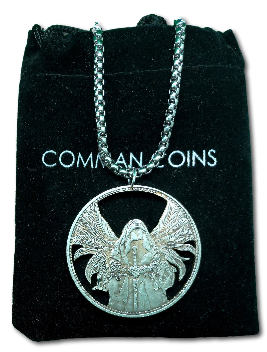 Cut Coin Hobo Coin Necklace Angel Death Holding Sword Gothic American ...
