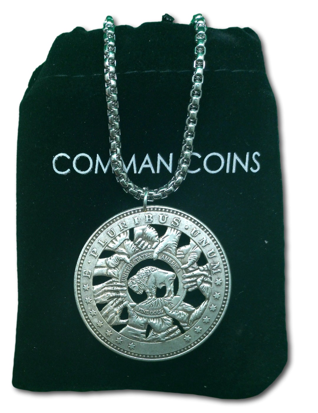 Cut Coin Hobo Coin Necklace Many Hands Grabbing Golden Buffalo American ...