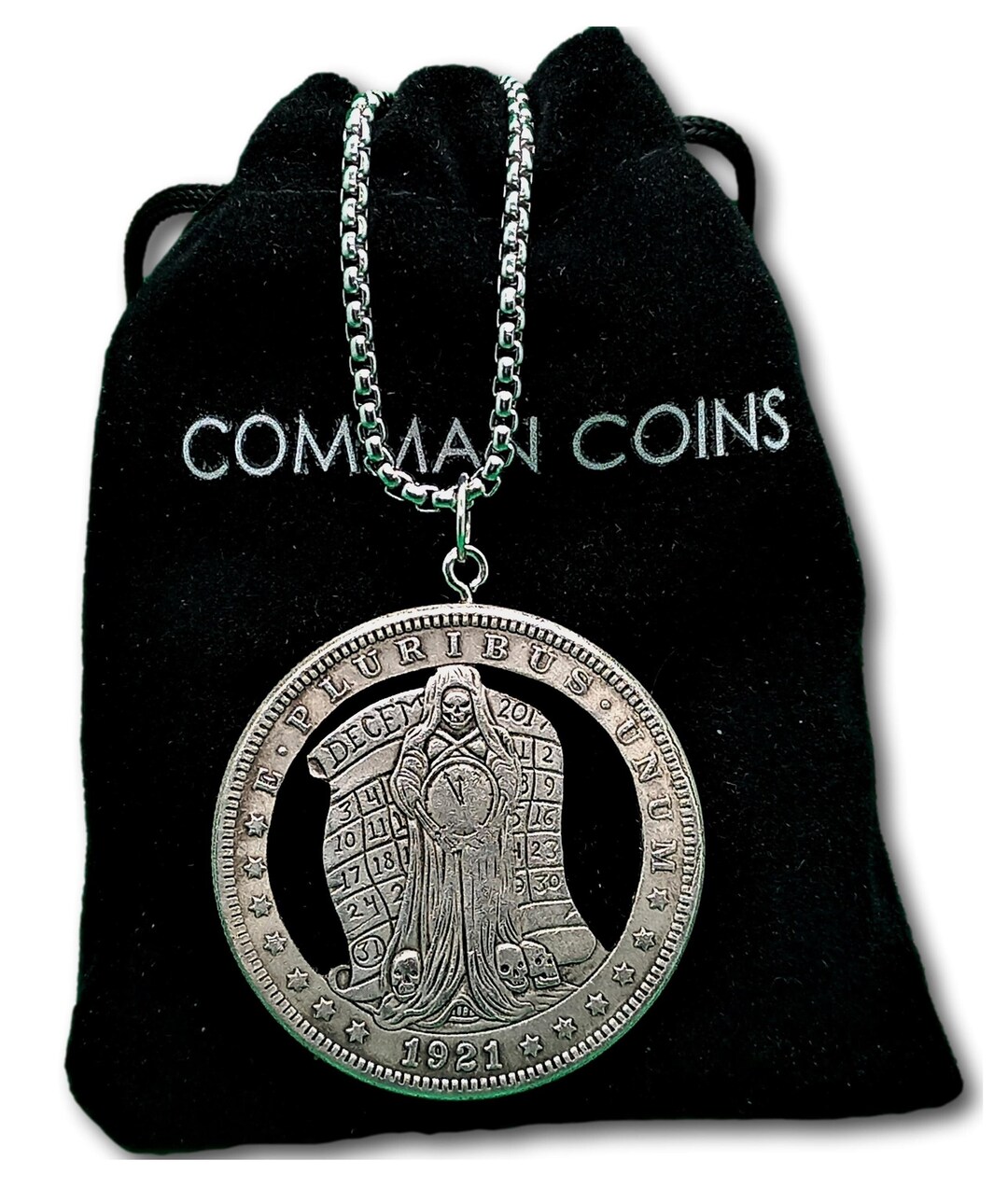 Hand Cut Hobo Coin Necklace Angle of Death Time is up Calendar American ...