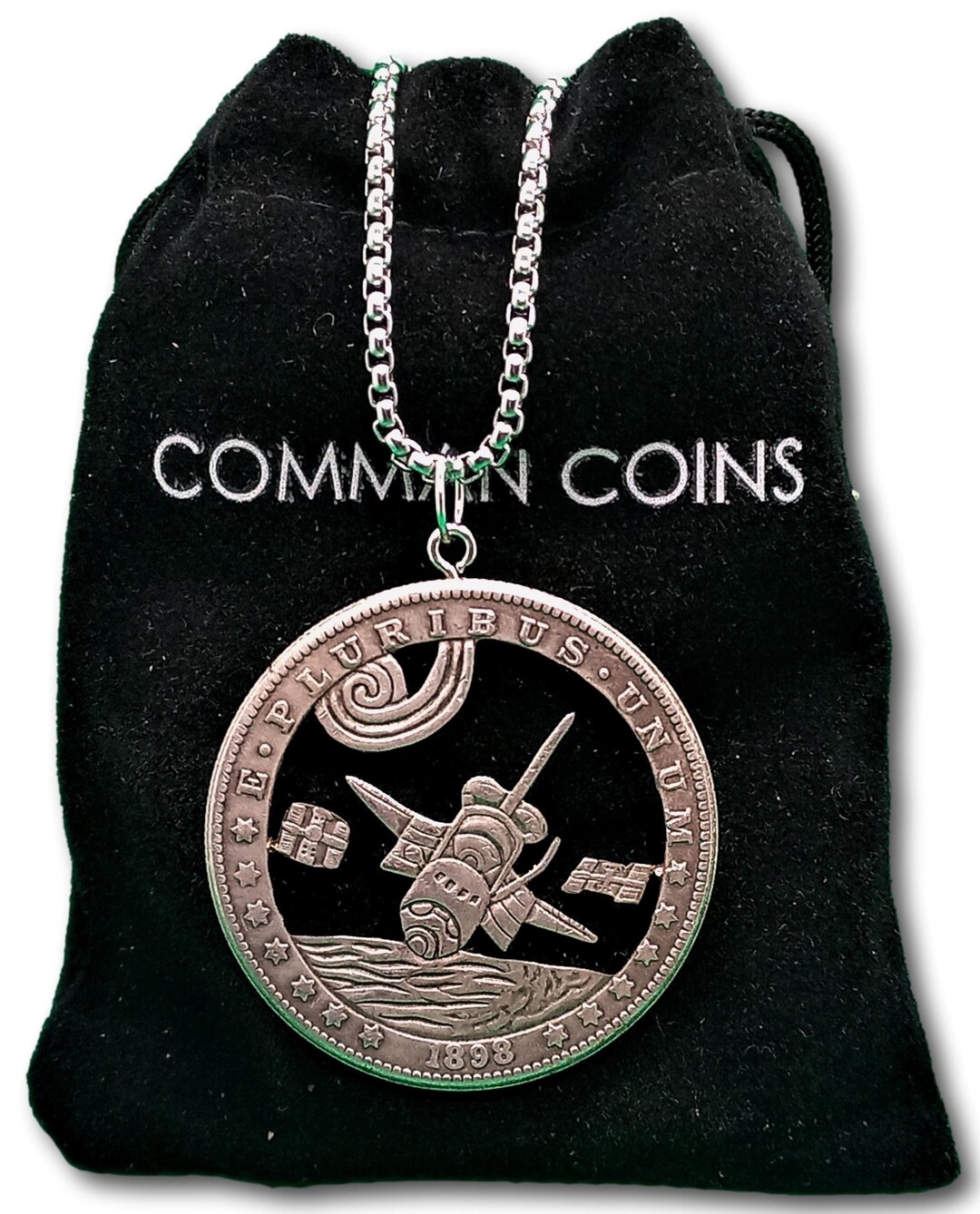 Hand Cut Hobo Coin Necklace NASA Space Ship Travel Earth Universe Moon ...