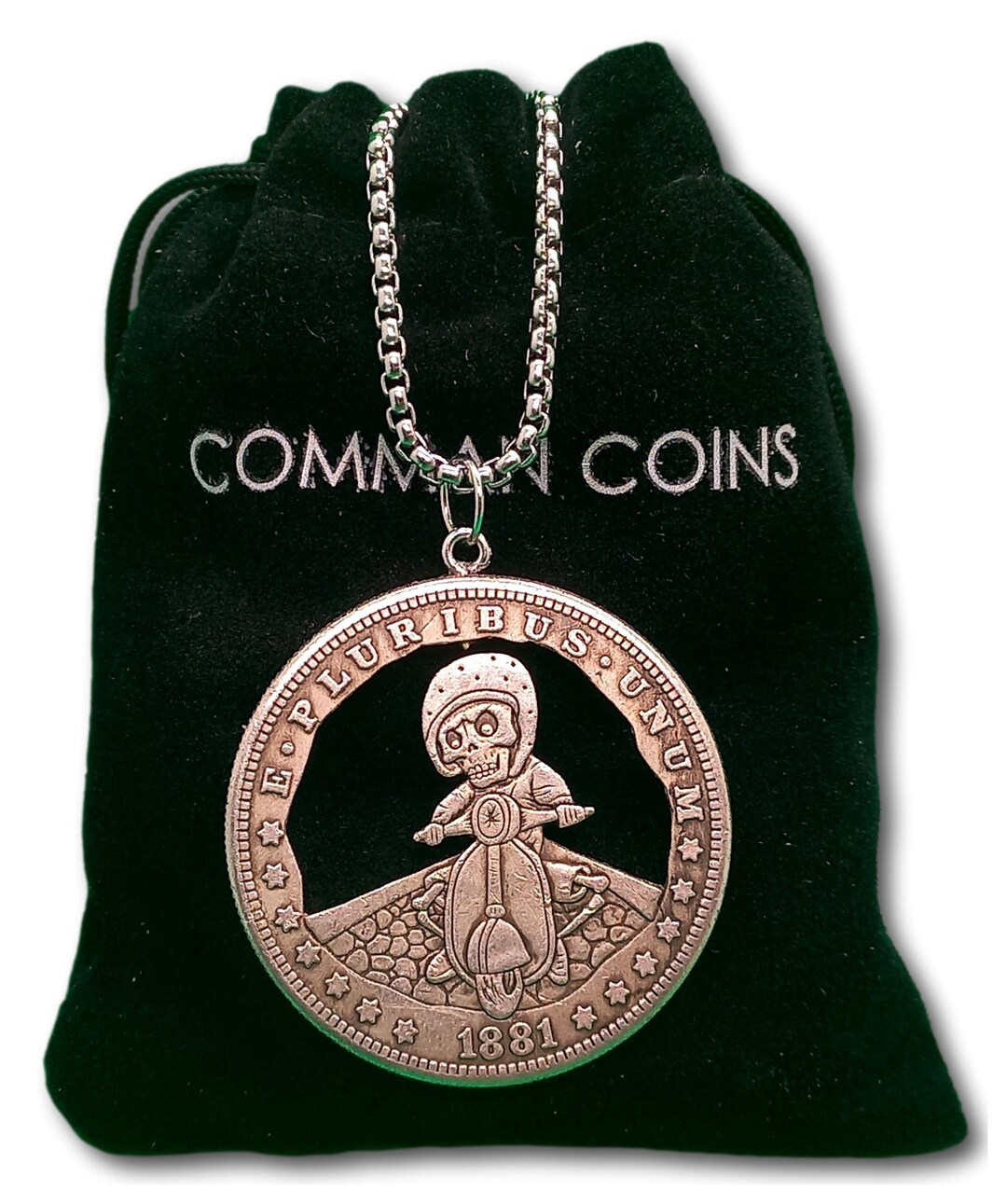 Hobo Cut Coin Necklace Skeleton Riding Motorbike Motorcycle Biker ...