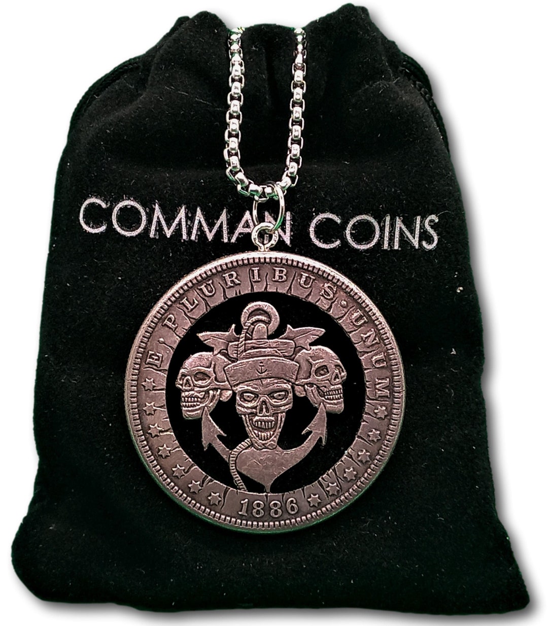 Hand Cut Hobo Coin Necklace Skull Pirate Army Navy Military Ocean Sea ...