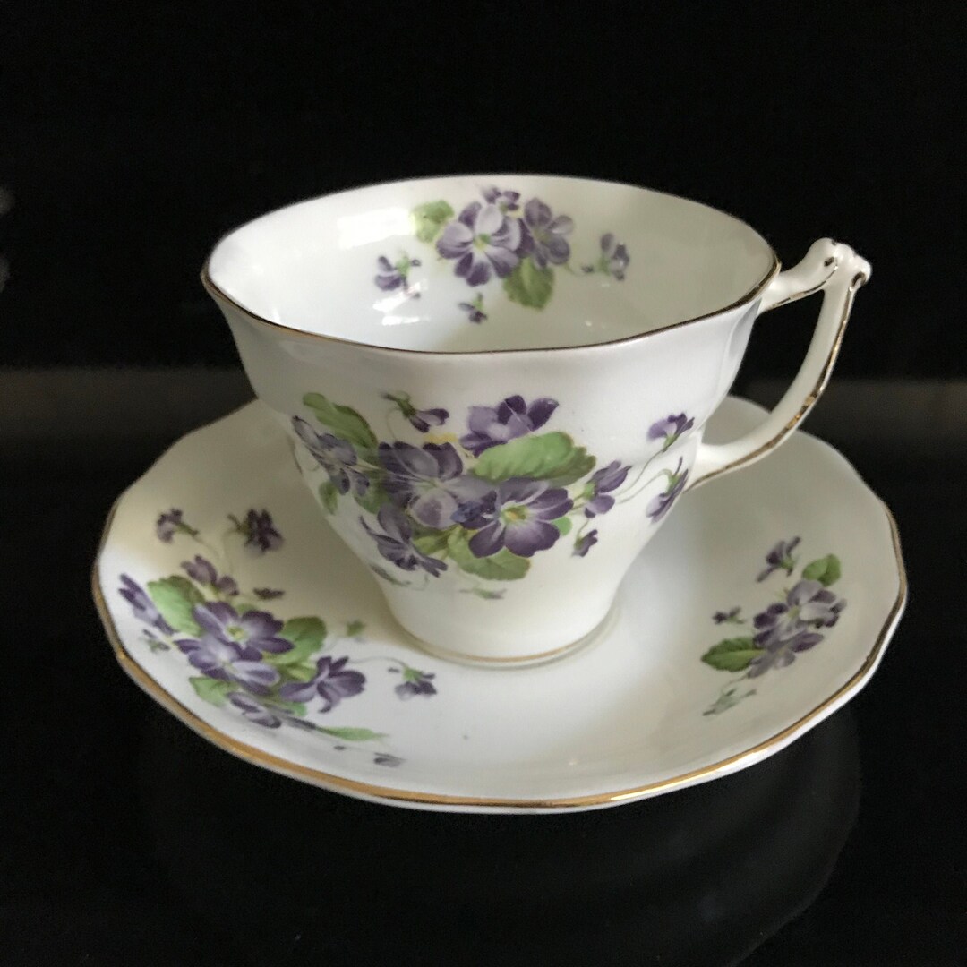 Old Royal Tea Cup and Saucer England Purple Flowers Green Leaves ...
