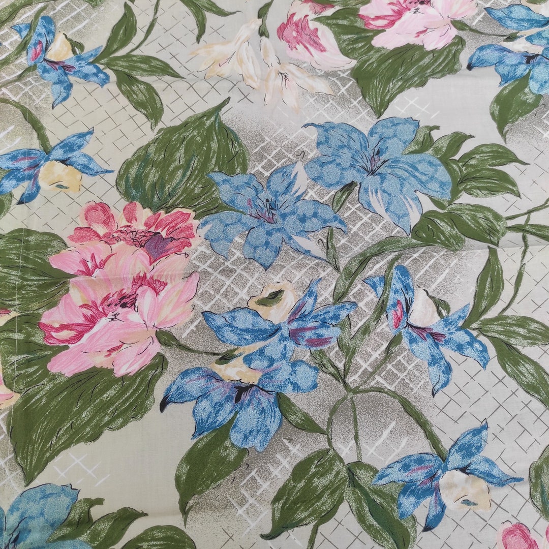 Vintage Flower Fabric Floral Print Fabric Retro Floral Fabric Blue ...