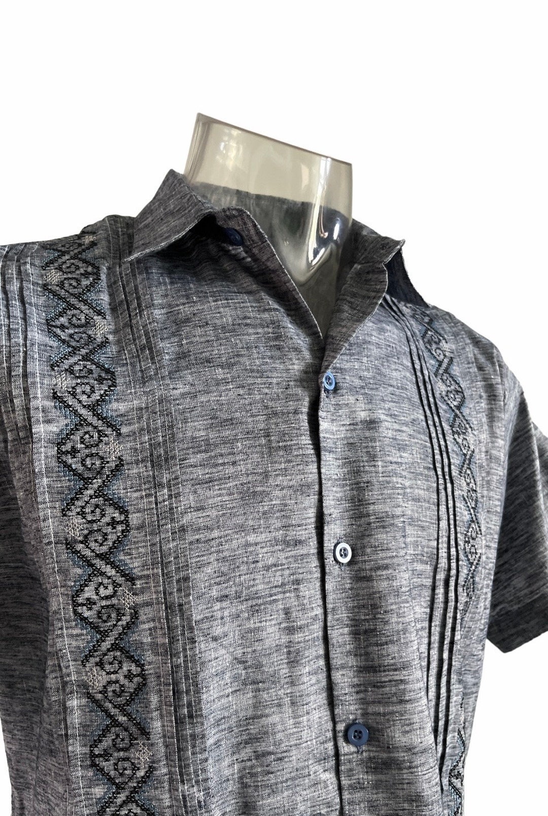 Guayabera Streak Heather Pattern Black and White Men Shirt Short Sleeve ...