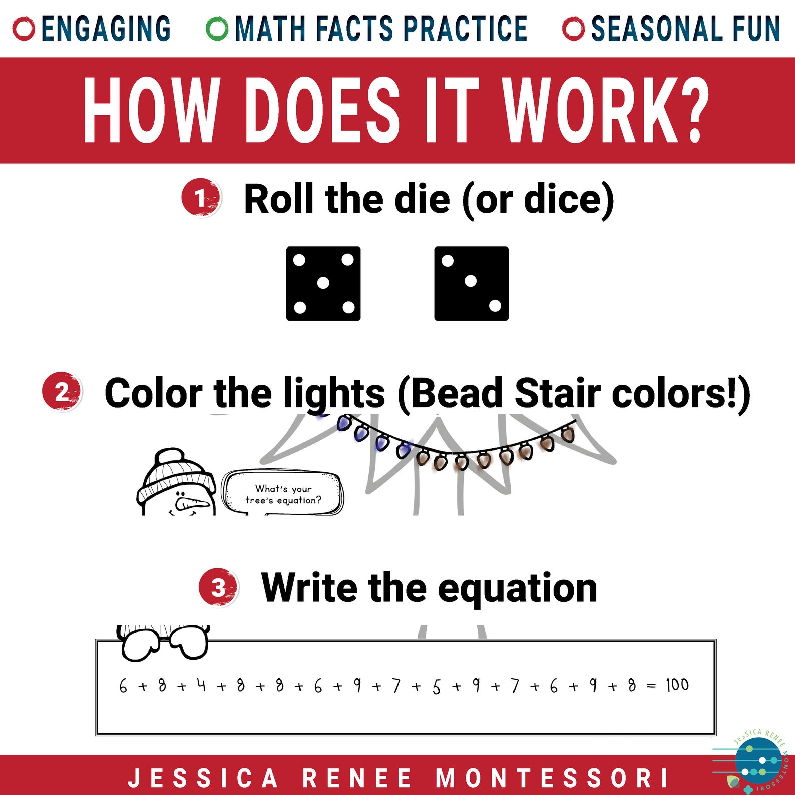 Montessori Winter Math Game: Count & Color the Christmas Lights, Bead ...
