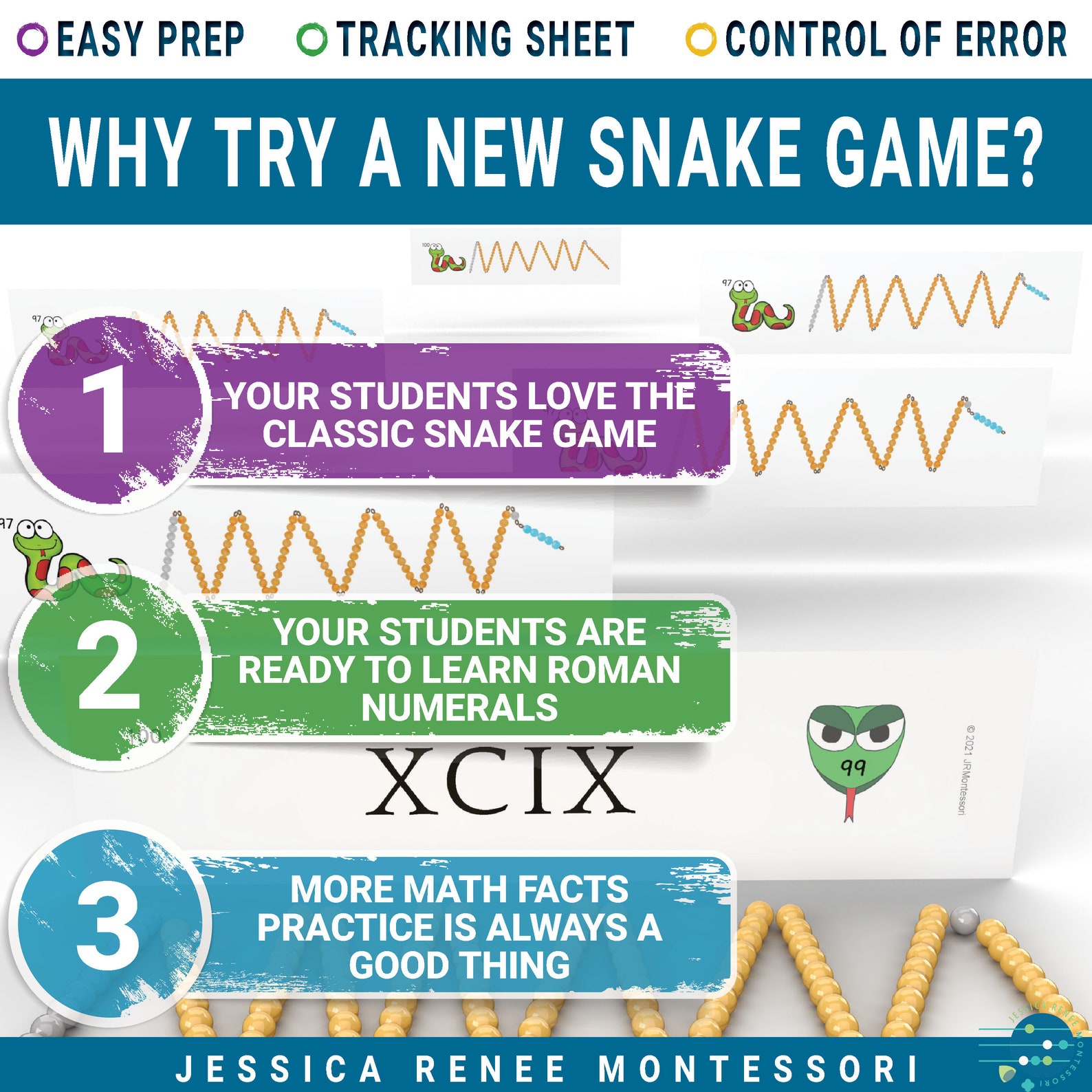 Montessori Snake Game: Roman Numerals 1-100, Addition & Subtraction ...