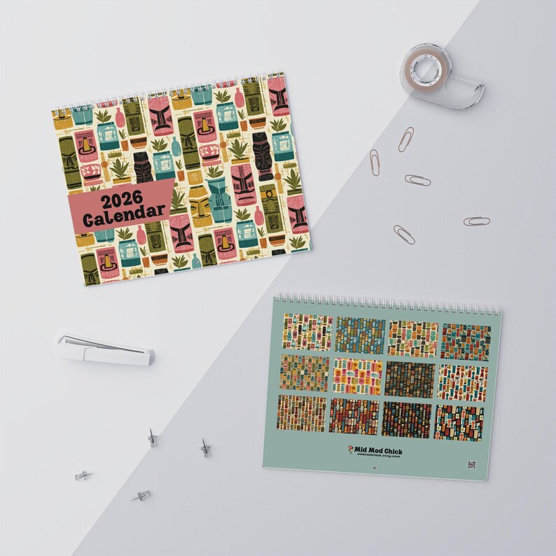 2026 Retro Tiki Style Wall Calendar, Spiral Planner, 12 Month Calendar ...