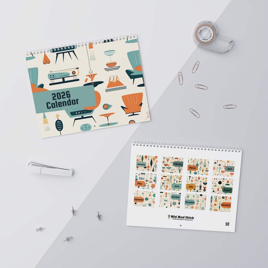 2026 Mid Century Modern Style Wall Calendar, Retro Spiral Planner, 12 ...