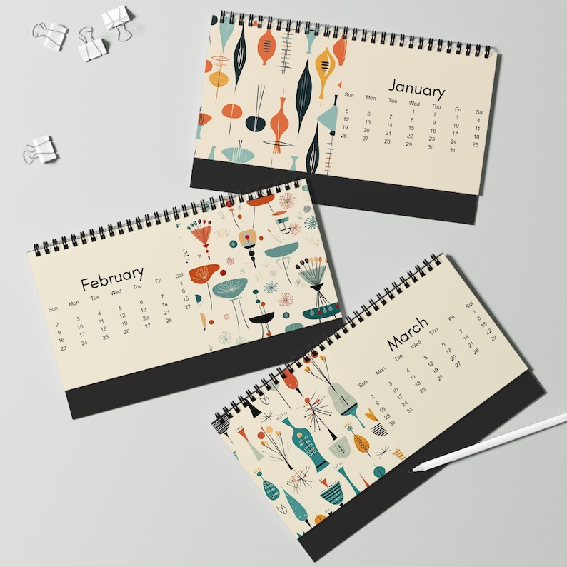 2025 Mid Century Modern Style Desk Calendar, Retro Spiral Planner, 12 ...